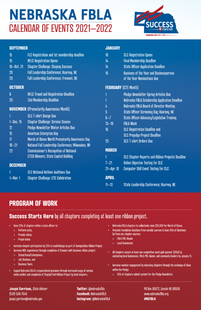 Calendar and State Goals Poster - Nebraska FBLA